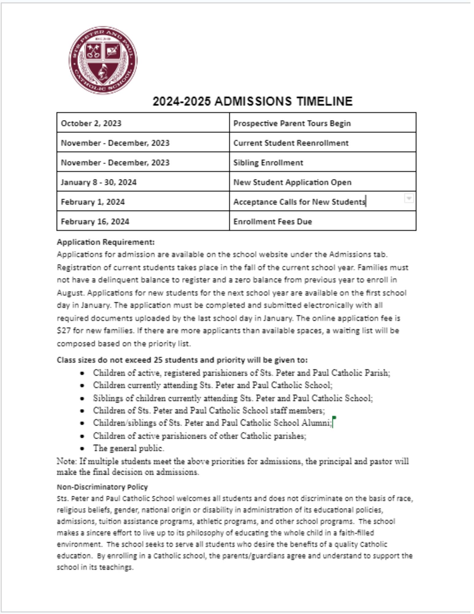 Admissions - Sts. Peter and Paul Catholic School
